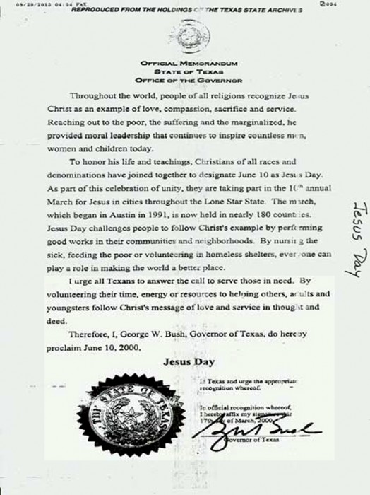 Gov. George W. Bush's Jesus Day Proclamation in Texas - Jesus Day ...